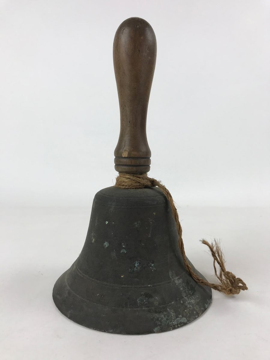 Antique Japanese Bronze Hand Bell Large Brown Wood Handle Attached Str ...