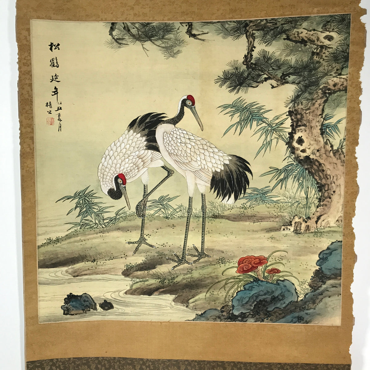 Chinese Hanging Scroll Vtg Kakejiku Tsuru Cranes Matsu Pine Trees Colo ...