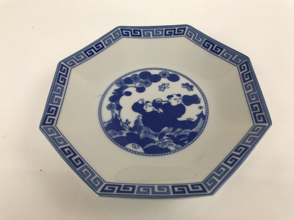 Chinese Porcelain Octagonal Plate Vtg Blue White Tang Children Butterf ...