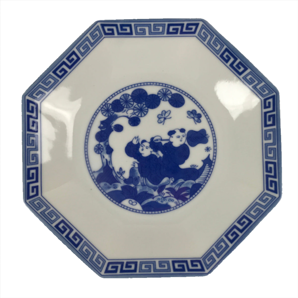 Chinese Porcelain Octagonal Plate Vtg Blue White Tang Children Butterf ...