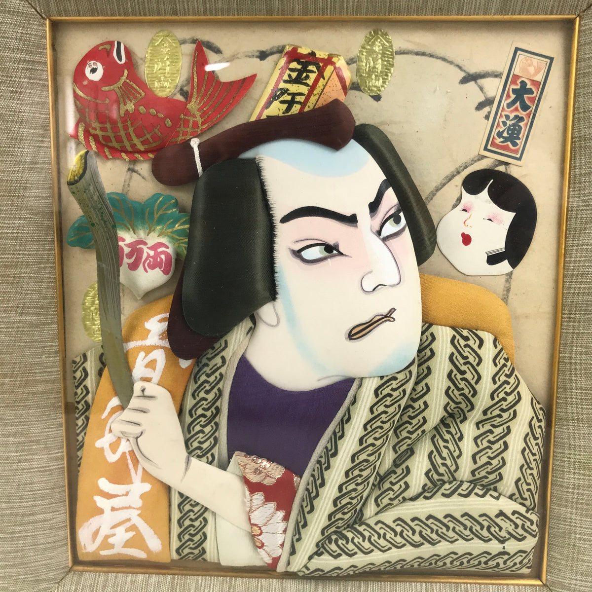 Japanese 3D Kabuki Performer Shikishi Fabric Art Vtg Wood Frame Oshie ...