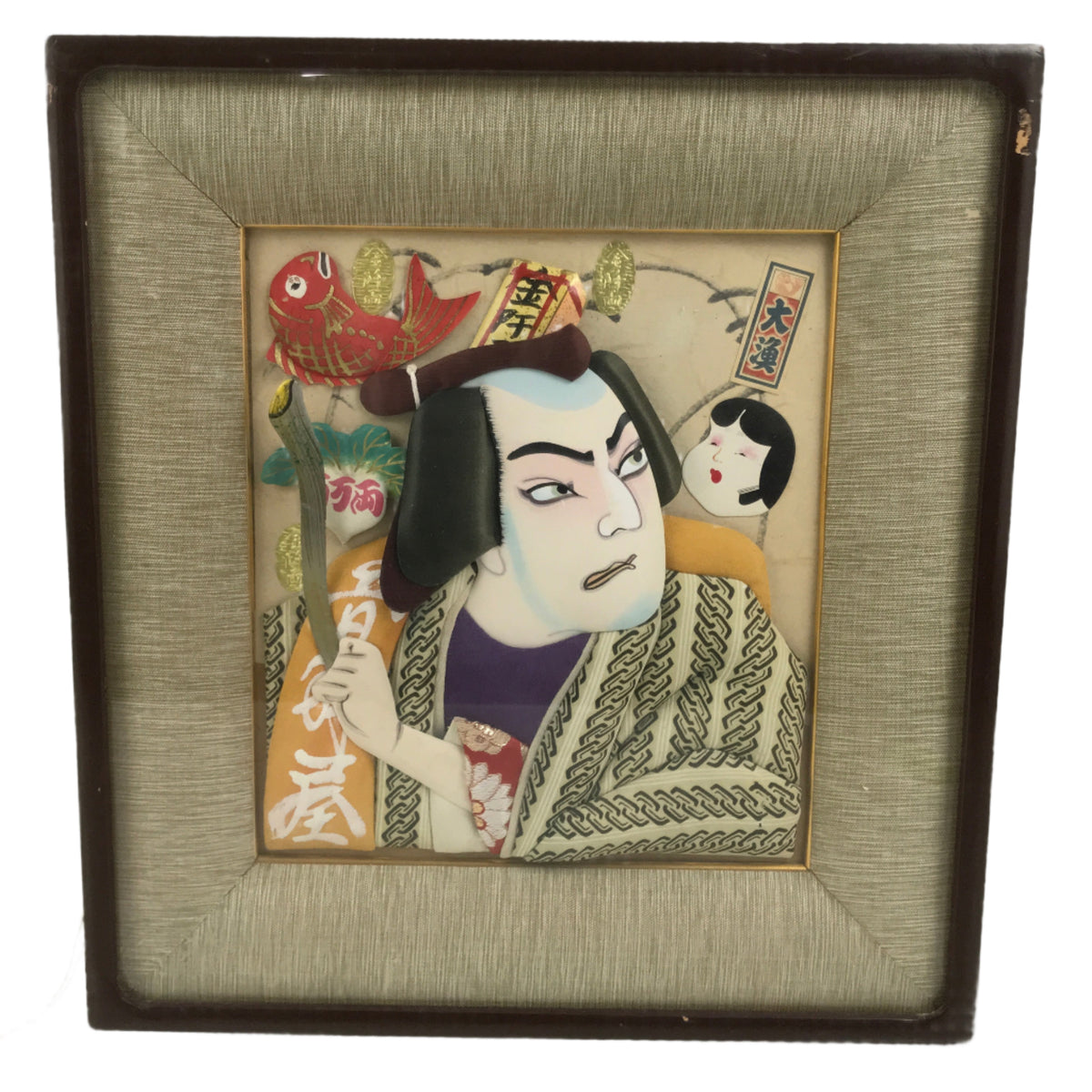 Japanese 3D Kabuki Performer Shikishi Fabric Art Vtg Wood Frame Oshie ...
