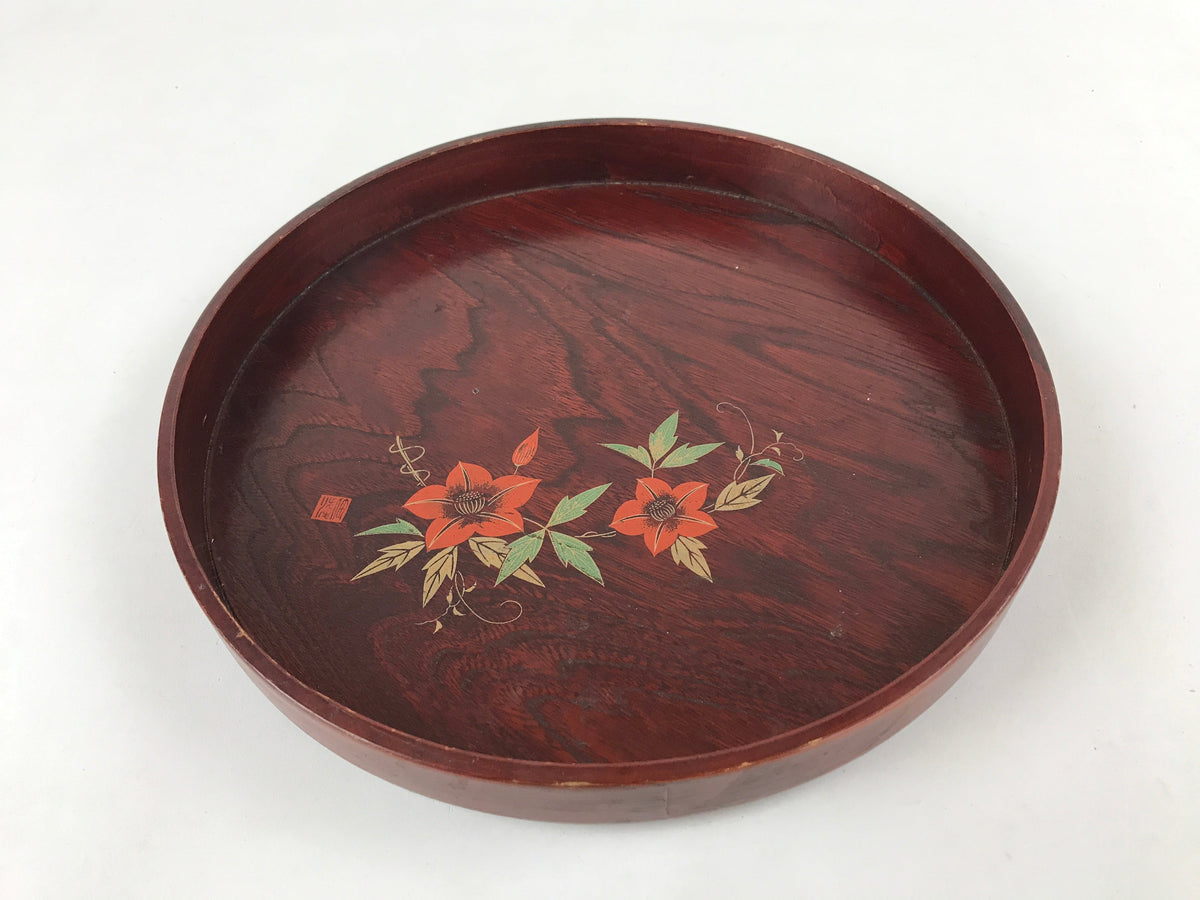 Japanese Brushed Lacquer Wood Serving Tray Vtg Obon Flowers Reddish Br ...