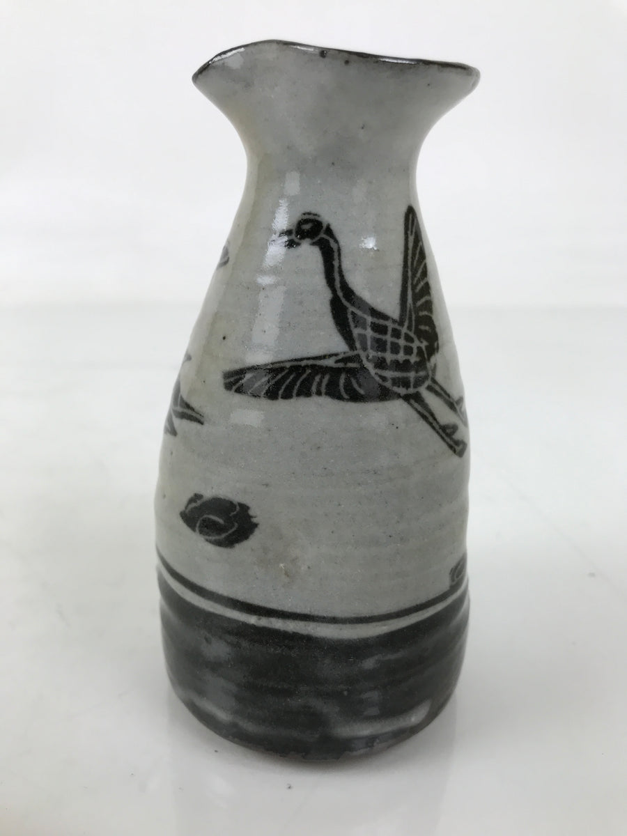 Japanese Ceramic Sake Bottle Tokkuri Gray Flying Crane Cloud Wavy Shad ...