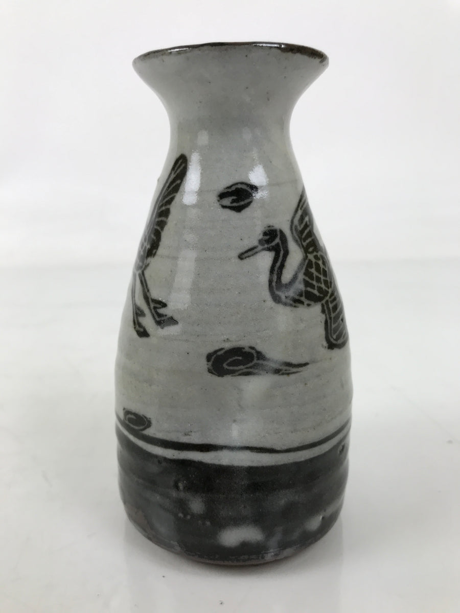 Japanese Ceramic Sake Bottle Tokkuri Gray Flying Crane Cloud Wavy Shad ...