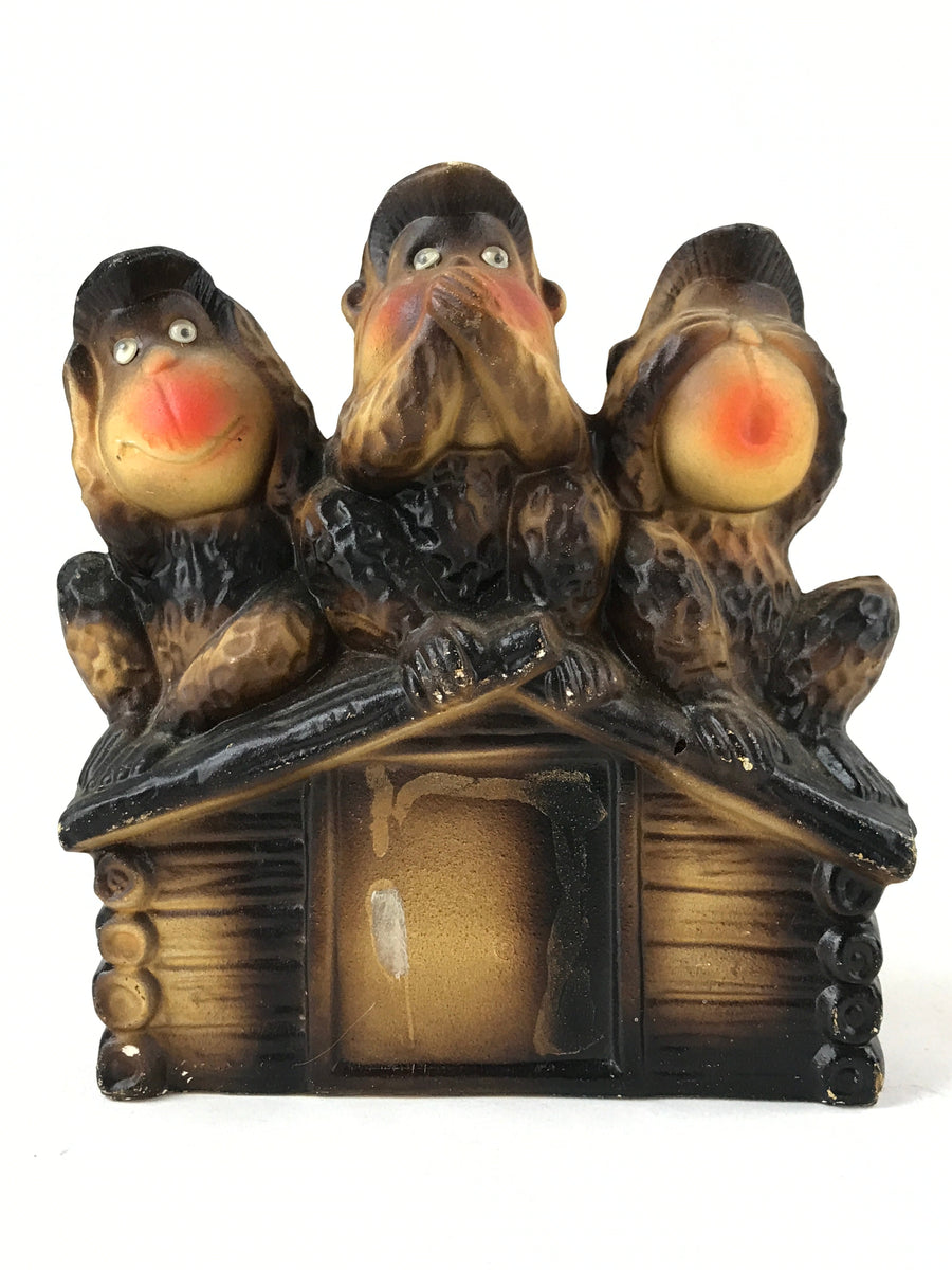 Japanese Ceramic Three Wise Monkeys Coin Bank Vtg Sanzaru Chokin Bako ...