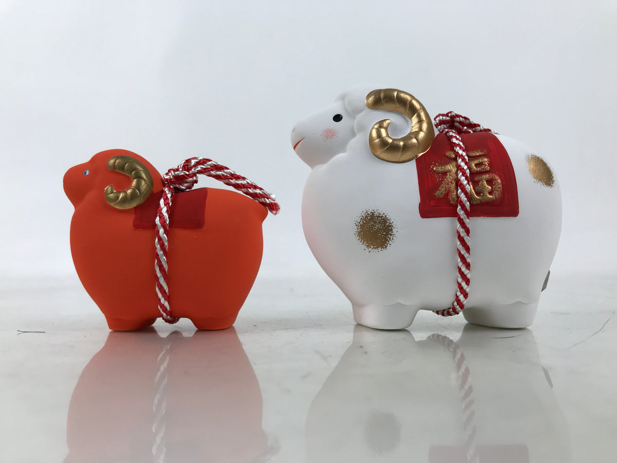 Japanese Ceramic Zodiac Sheep Figurine Set Vtg Hitsuji White Red Gold ...