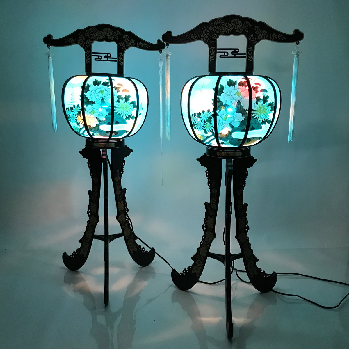Japanese Electric Lantern Pair Vtg 3 Legs Standing Chochin Obon Festiv ...