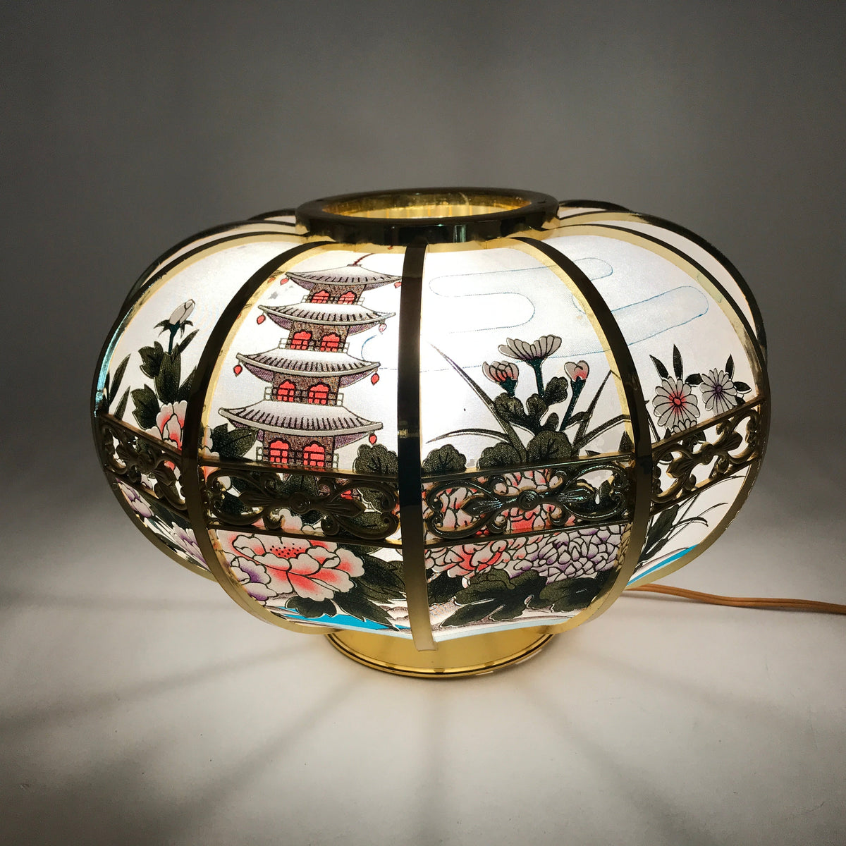 Japanese Electric Lantern Round Lamp Vtg Peony Temple Light Shade Obon ...