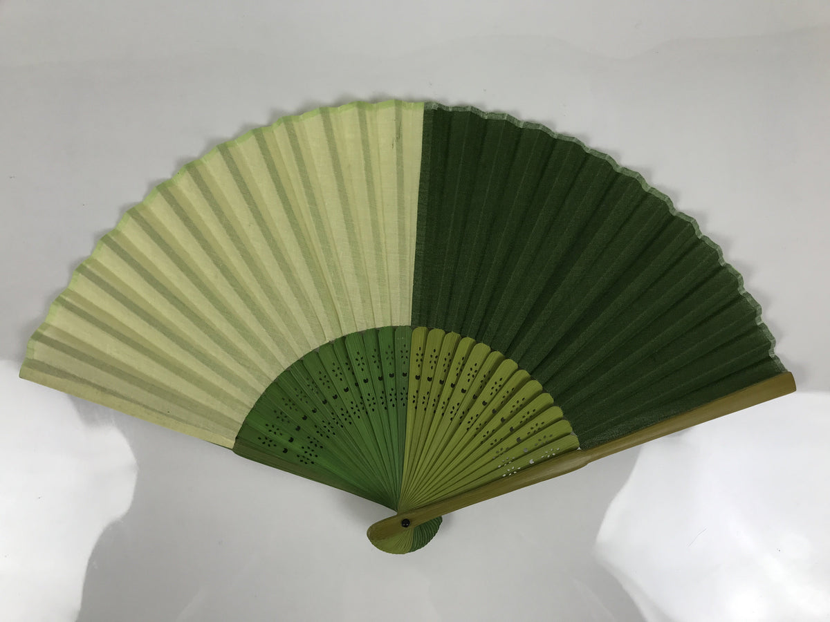 Japanese Fabric Folding Fan Sensu Vtg Bamboo Frame Light Dark Green Bl ...