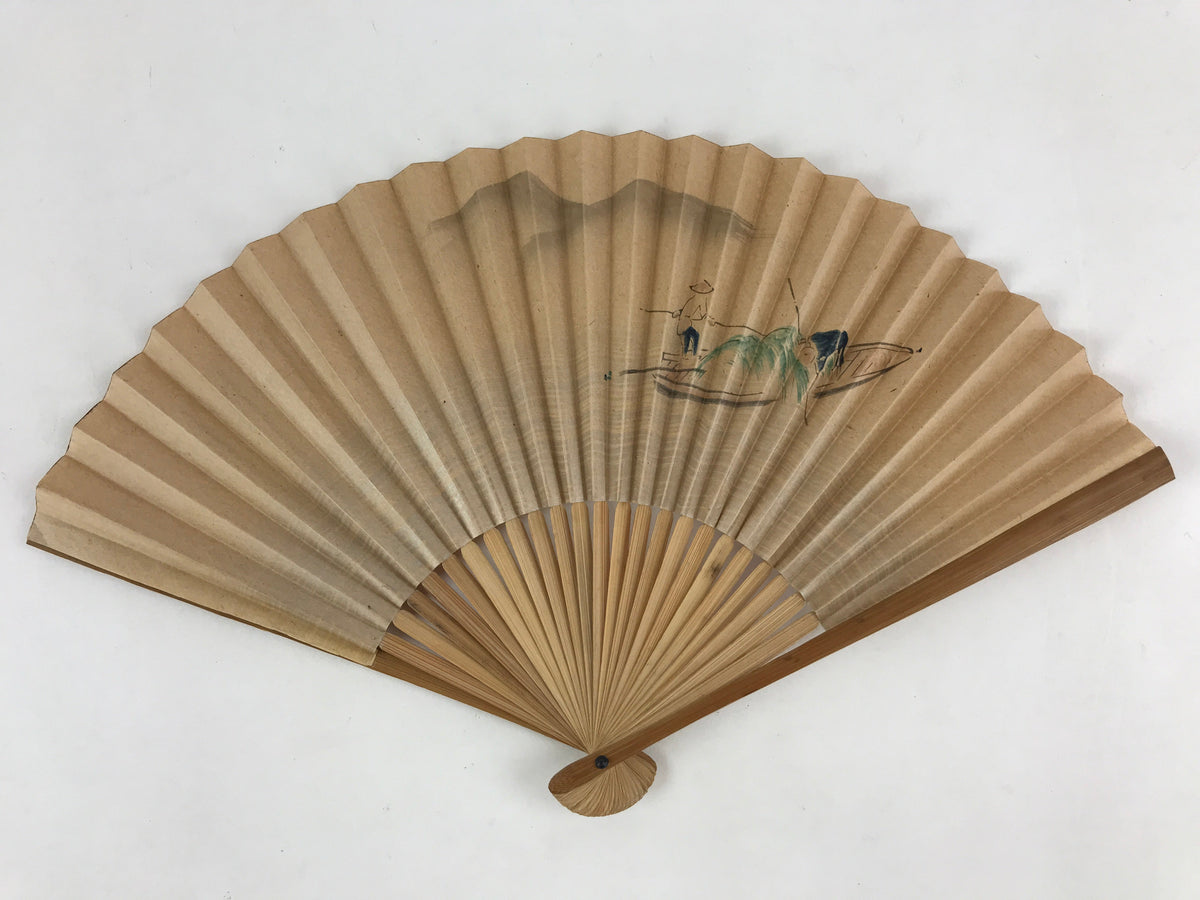 Japanese Folding Fan Sensu Vtg Bamboo Frame Fishing Boat Beige Sparkle ...