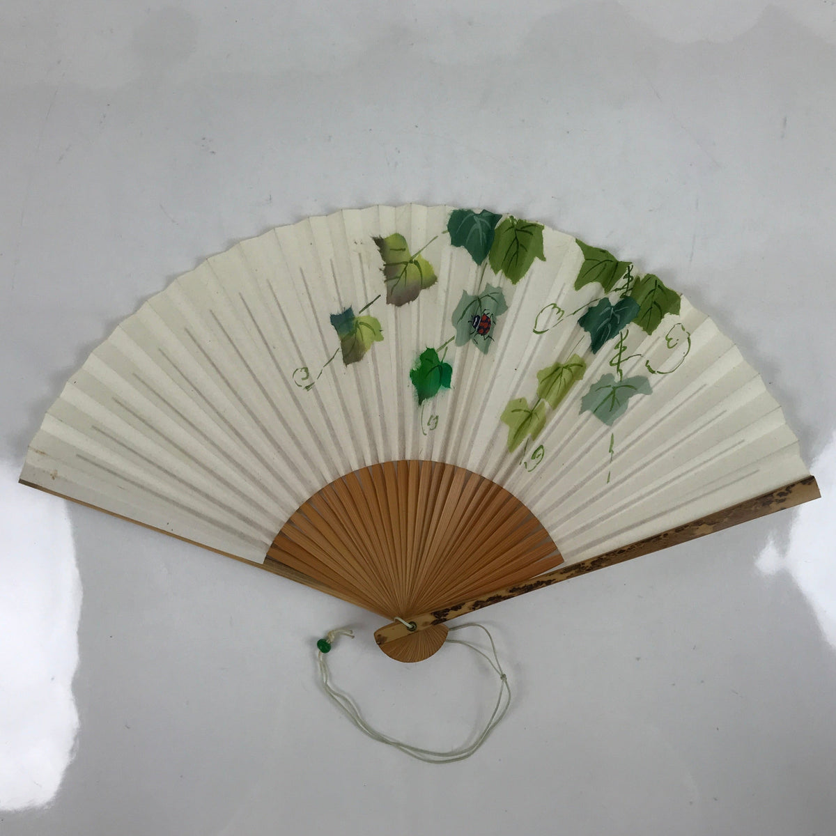 Japanese Folding Fan Sensu Vtg Bamboo Frame Morning Glory Leaves Ladyb ...