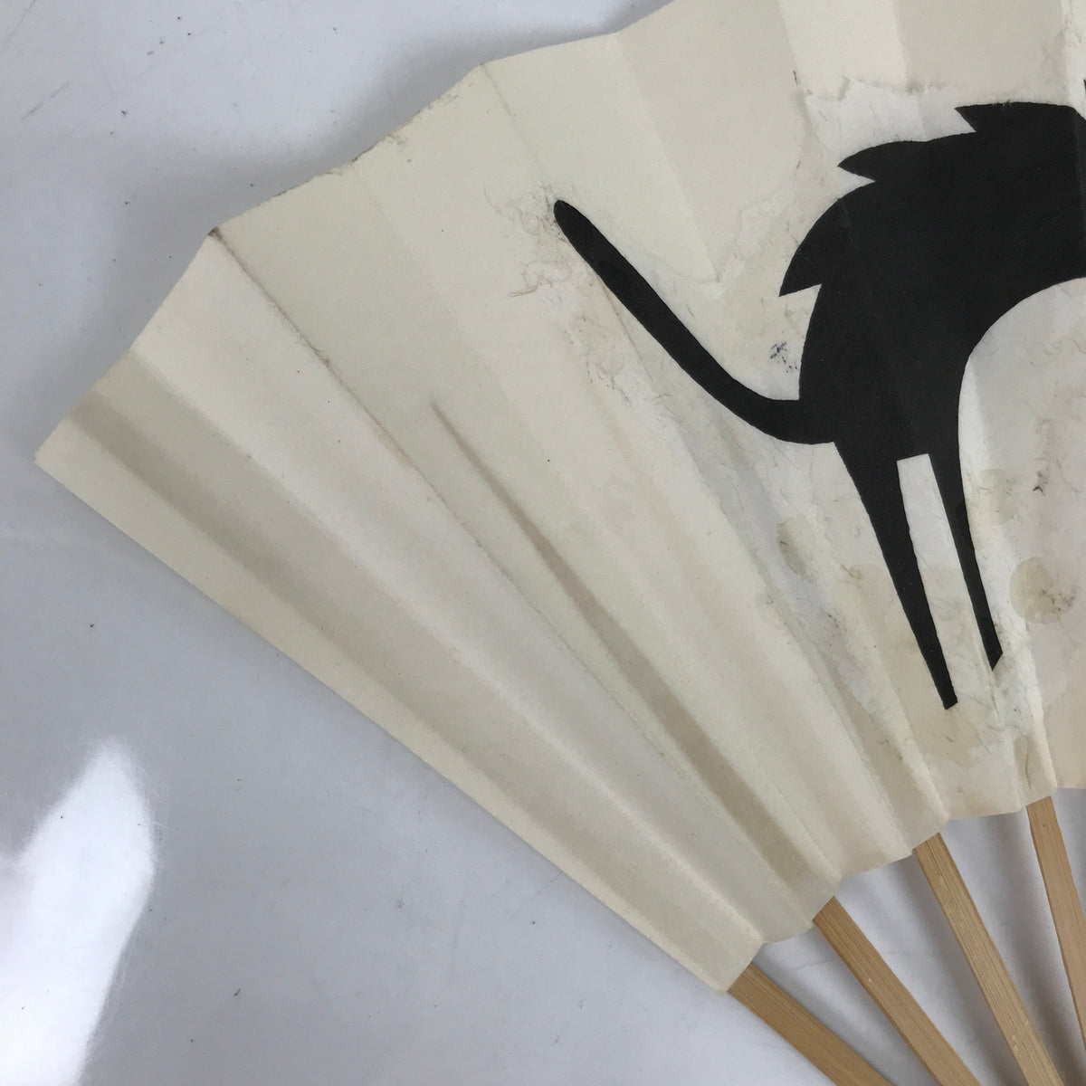 Japanese Folding Fan Sensu Vtg Bamboo Frame White Simple Black Cat Wri ...