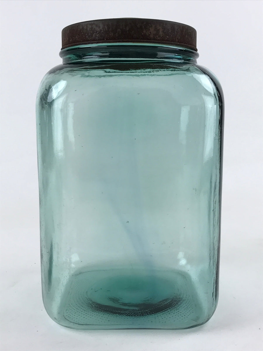 Japanese Glass Lidded Jar Nori-Bin Vtg Seaweed Paper Container Blue JK ...
