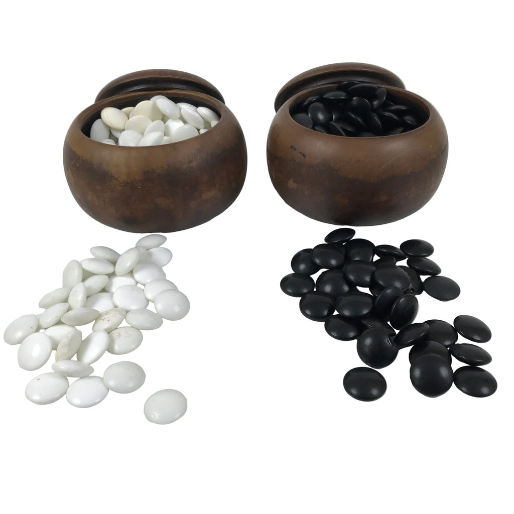 Japanese Go Stone Goishi Game Pieces Set Vtg Igo Brown Wood Bowls Glas ...