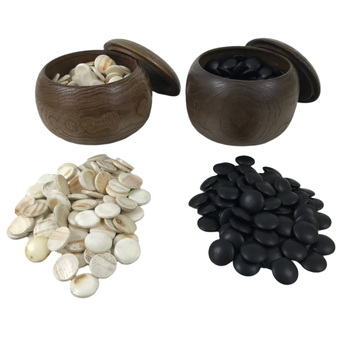 Japanese Go Stone Goishi Game Pieces Vtg Igo Brown Wood Bowls Glass Sh ...