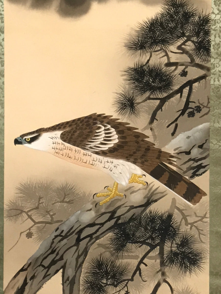 Japanese Hanging Scroll Vtg Hawk On Tree Mt Fuji Brown Yellow Kakejiku ...
