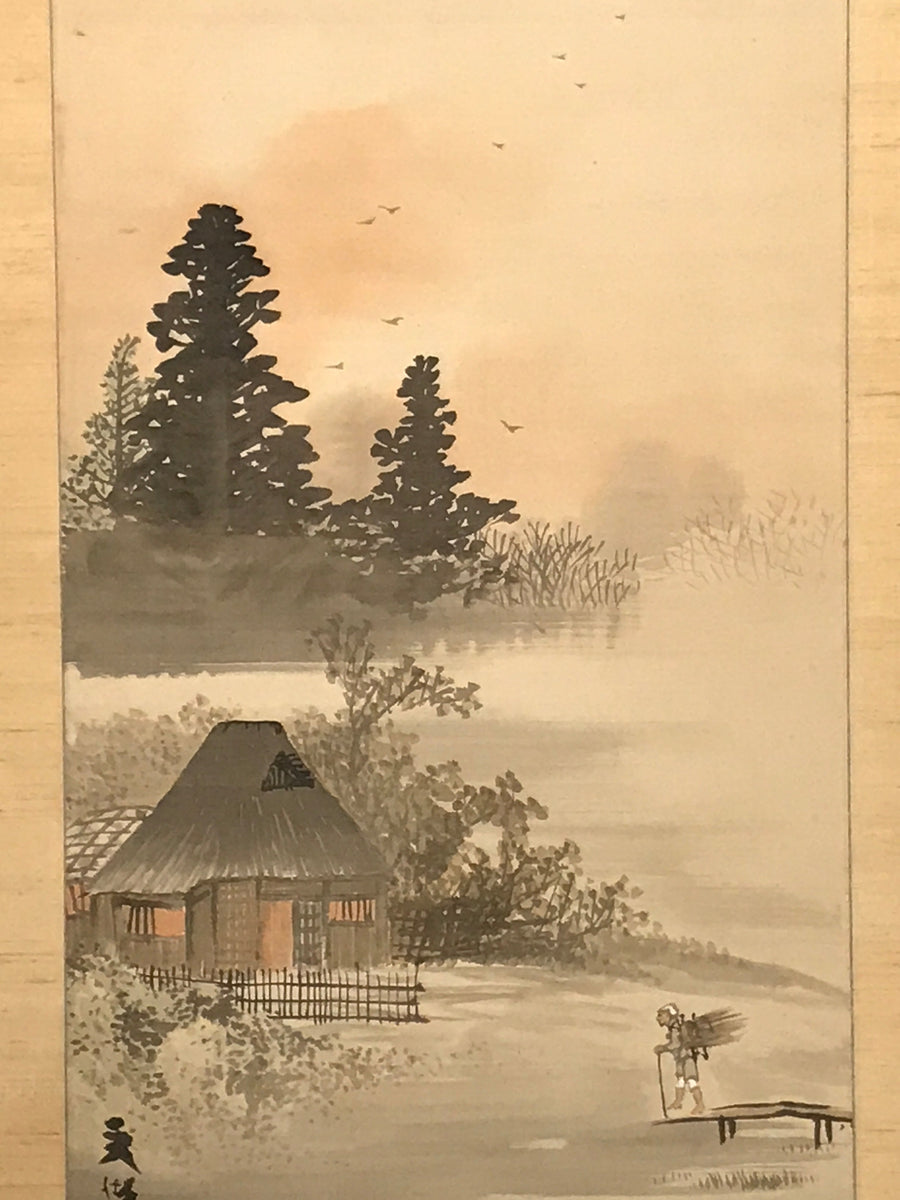 Japanese Hanging Scroll Vtg House Tree Man Monochrome Sansui Kakejiku ...