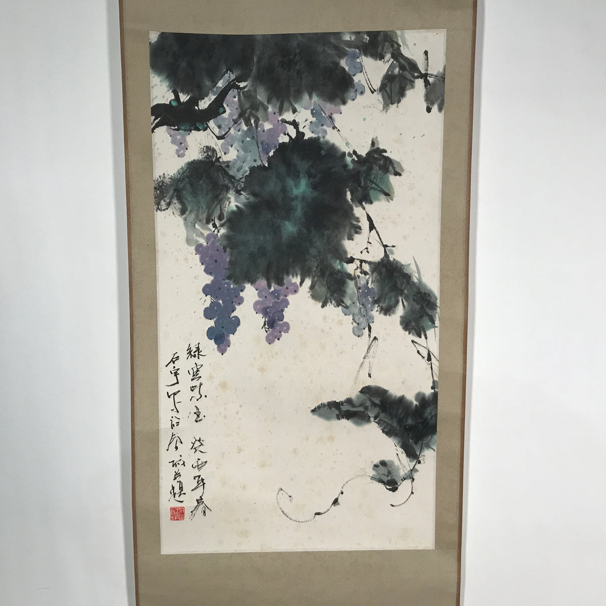Japanese Hanging Scroll Vtg Kakejiku Vine Grapes Budo Plants Green Pur ...