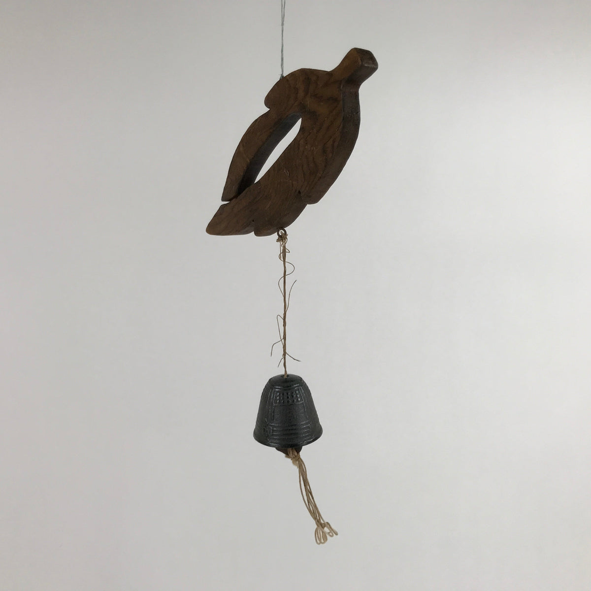 Japanese Iron Furin Wind Chime Tetsurin Vtg Bell Wooden Feather Charm ...
