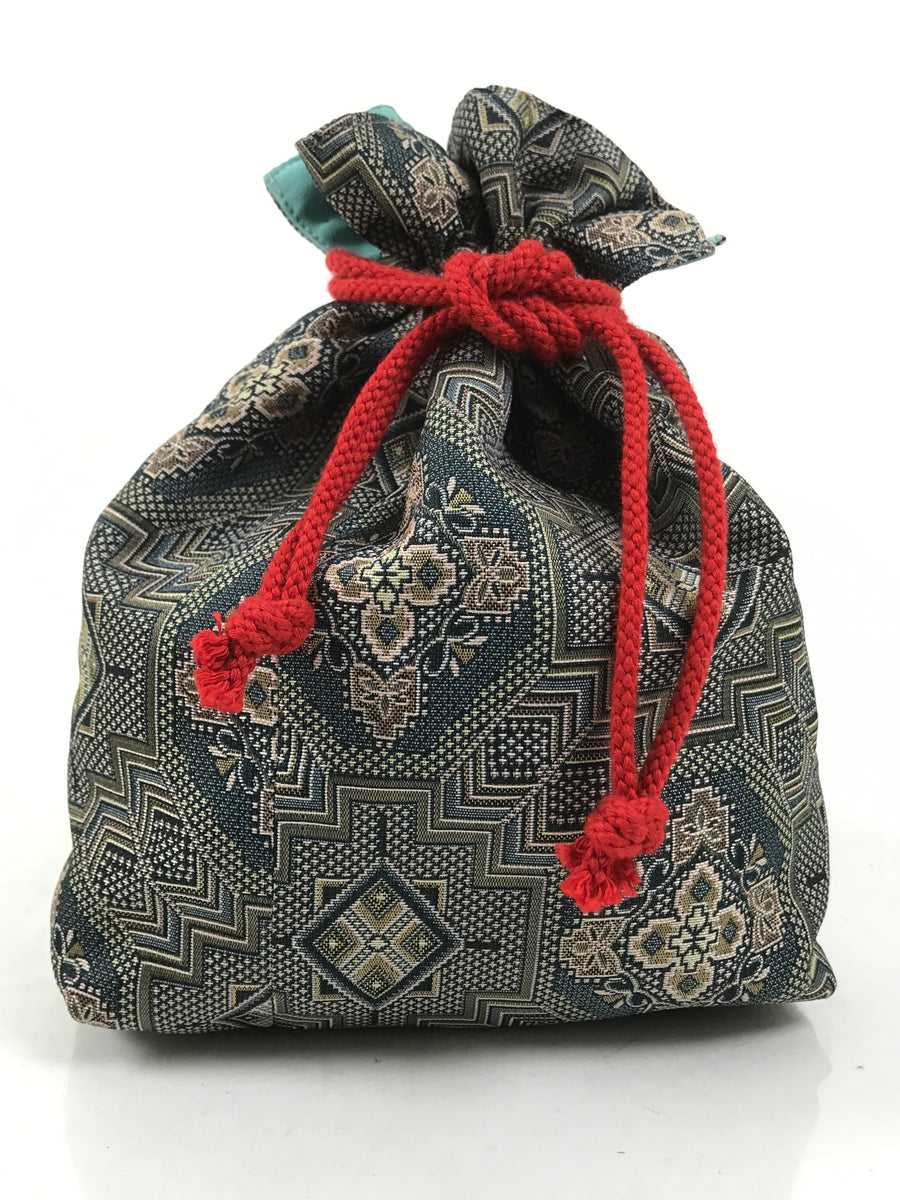 Japanese Kinchaku-Bukuro Bag Vtg Kimono Cloth Purse Pouch Geometric Fl ...