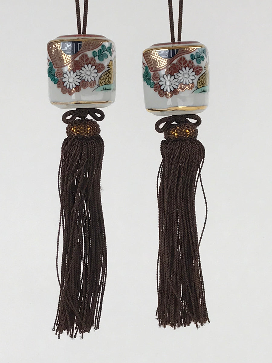 Japanese Kutani Ware Hanging Scroll Weights Vtg Fuchin Kakejiku Brown ...