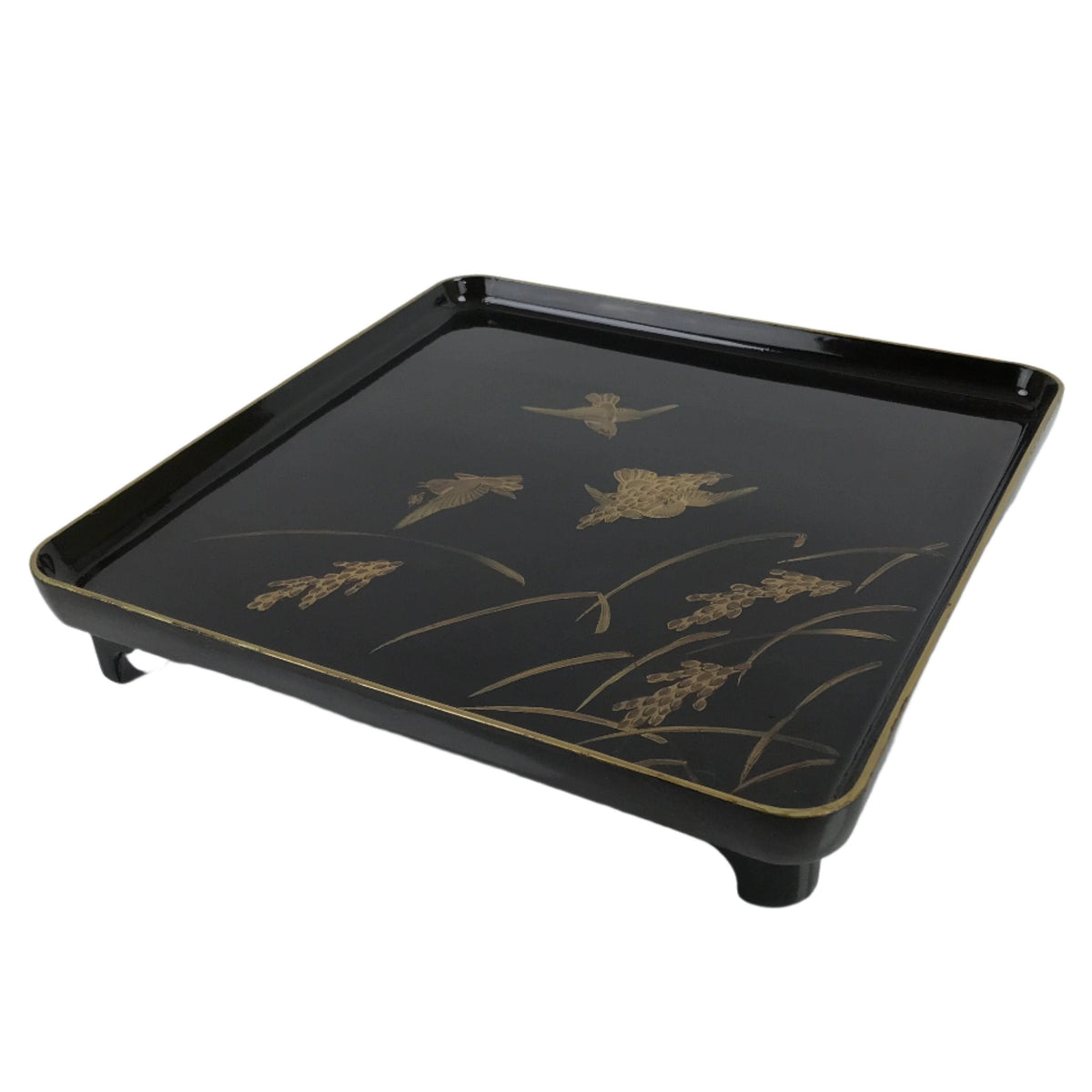 Japanese Lacquered Wooden Legged Table Vtg Ozen Serving Tray Makie Bir ...