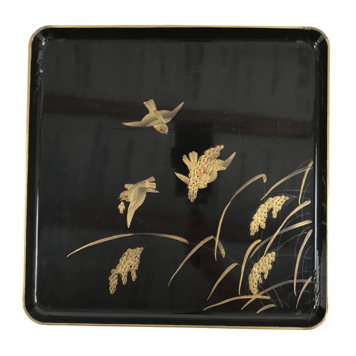 Japanese Lacquered Wooden Legged Table Vtg Ozen Serving Tray Makie Bir ...