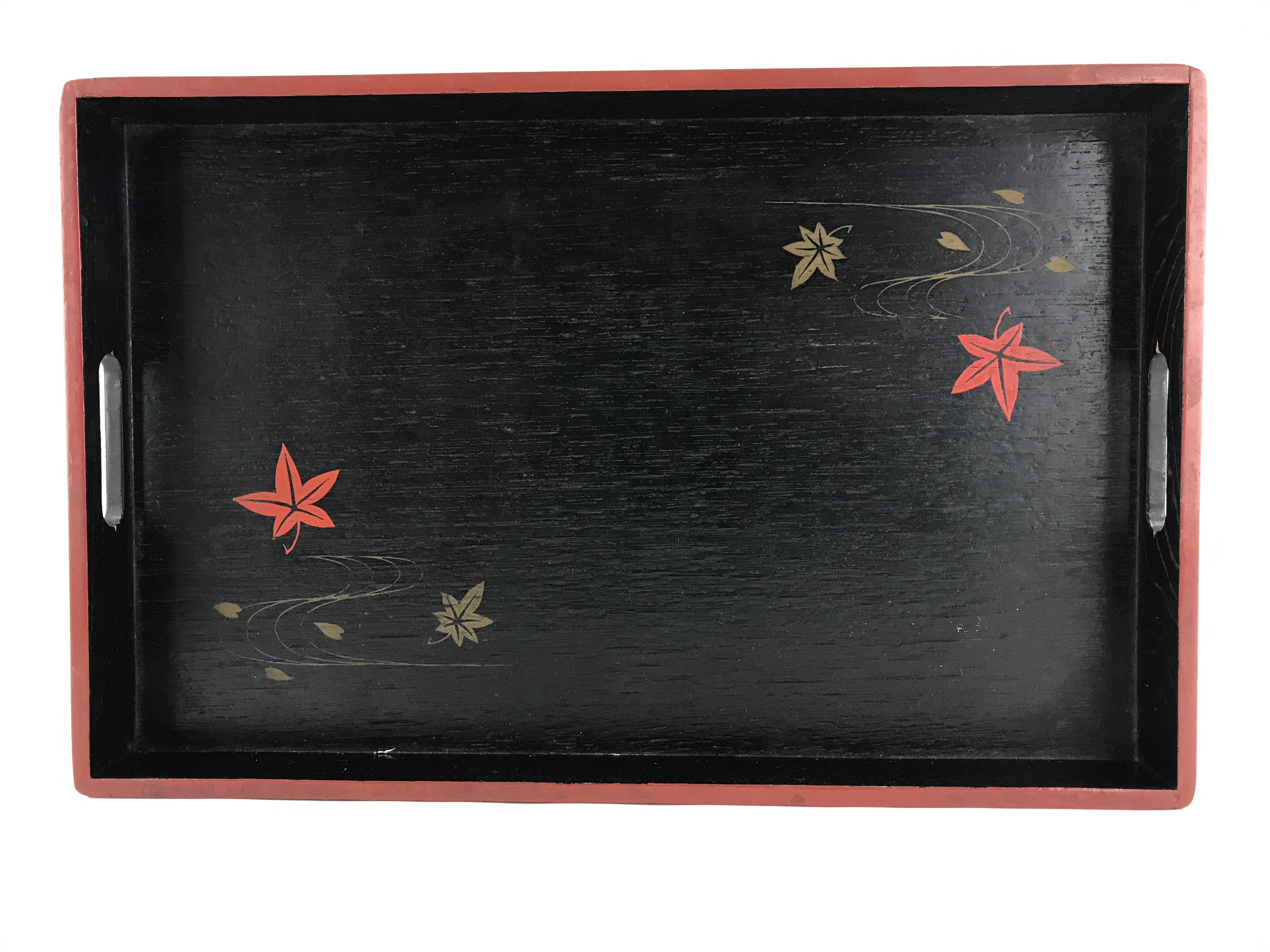 Japanese Lacquered Wooden Serving Tray Vtg Obon Maple Momiji Red Black ...