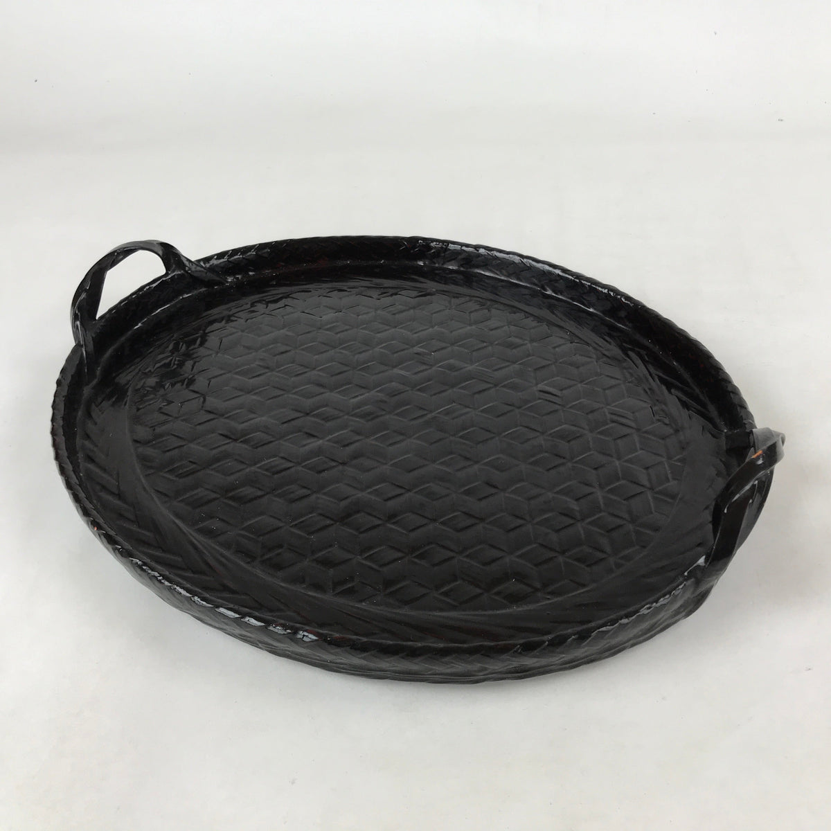 Japanese Lacquered Woven Bamboo Rantai Serving Tray Vtg Obon Oval Blac ...