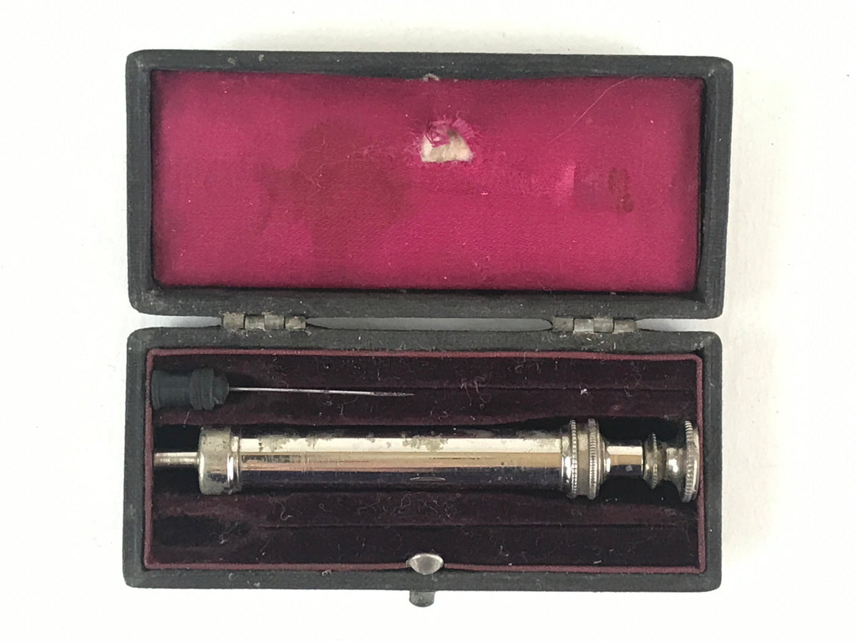 Japanese Metal Frame Small Syringe with Case Vtg Experiment Military M ...