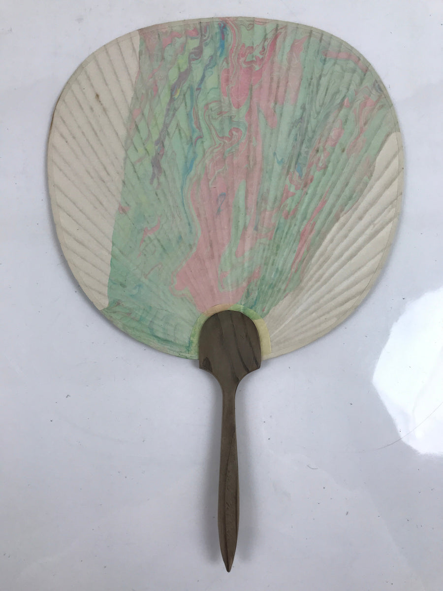 Japanese Paper Fan Uchiwa Vtg Wood Frame Water Marble Kanji Pastel Bla ...