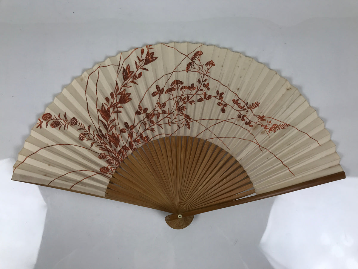 Japanese Paper Folding Fan Sensu Vtg Bamboo Frame Beige Red Sparkle Pl ...