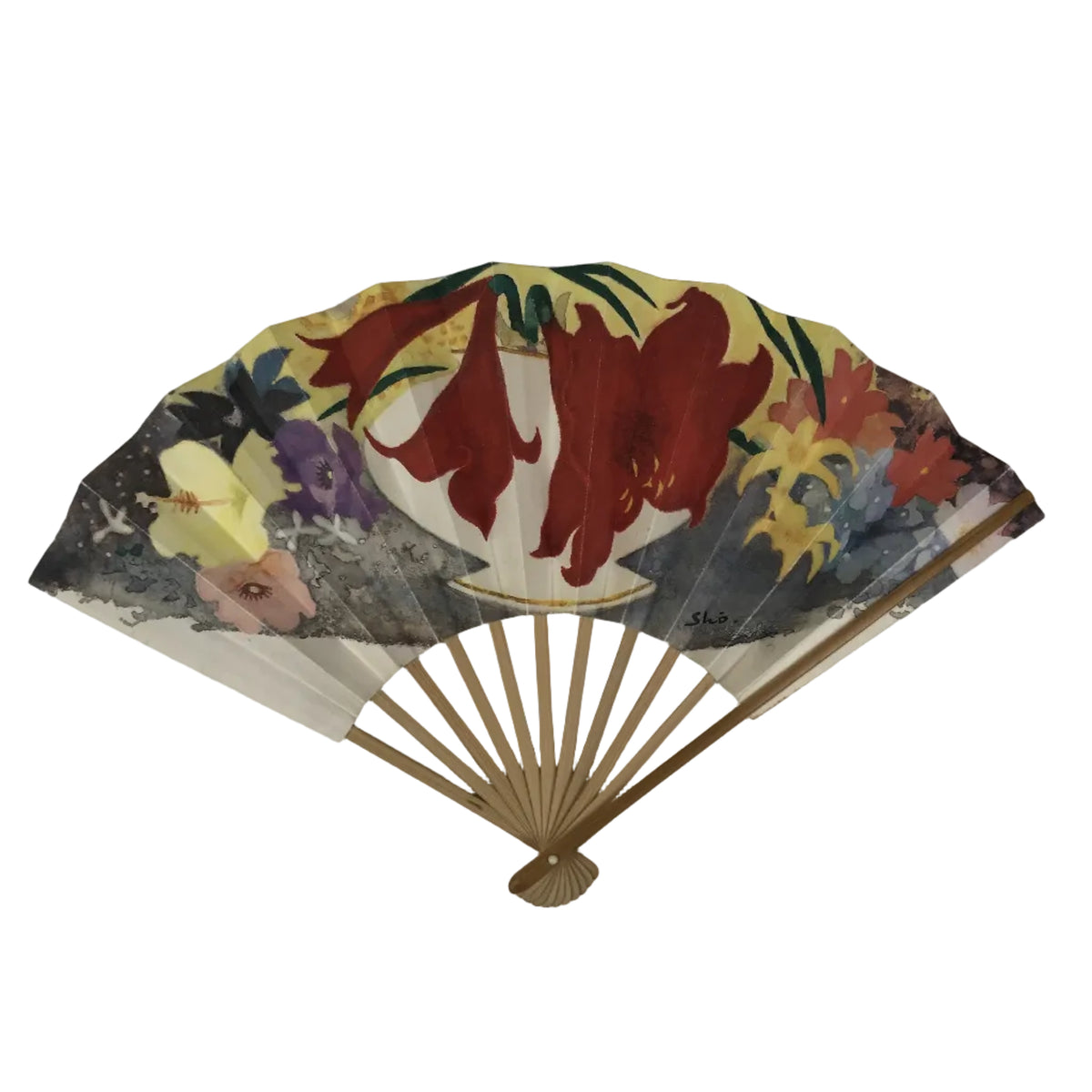 Japanese Paper Folding Fan Sensu Vtg Bamboo Frame Flowers Lilies Red 4 ...