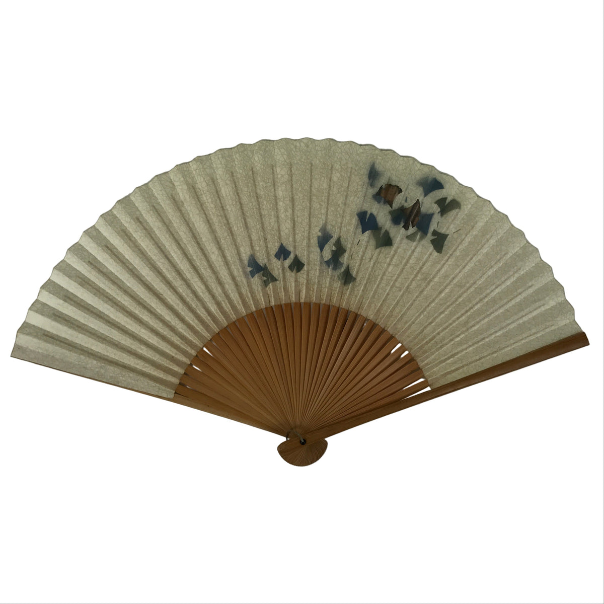 Japanese Paper Folding Fan Sensu Vtg Bamboo Frame Ginkgo Leaves Blue G ...