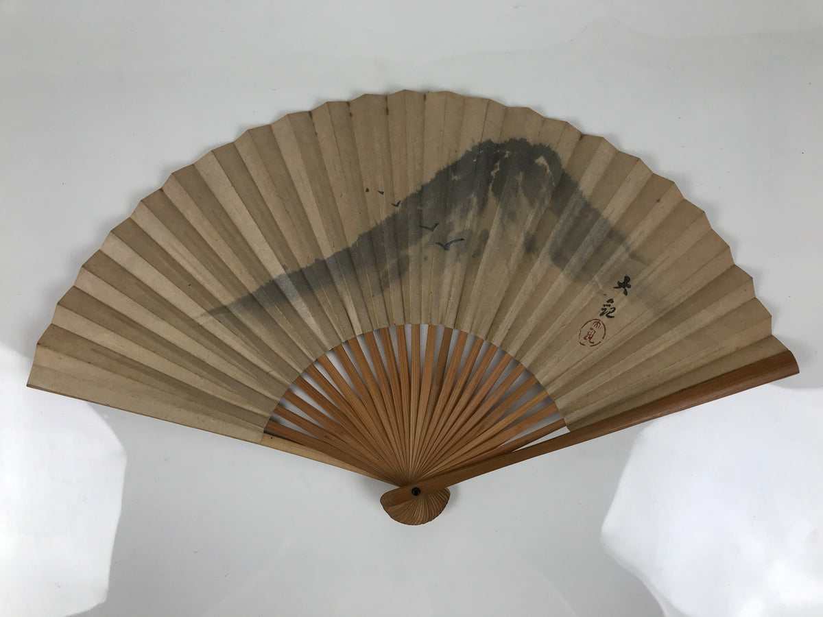 Japanese Paper Folding Fan Sensu Vtg Bamboo Frame Mountain Painting Bl ...