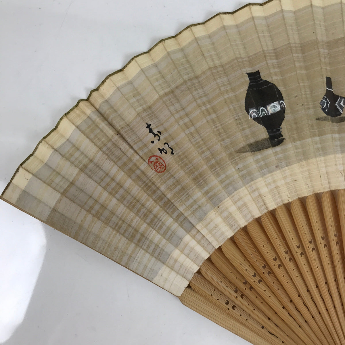 Japanese Paper Folding Fan Sensu Vtg Bamboo Frame Pottery Vases Yanmar ...
