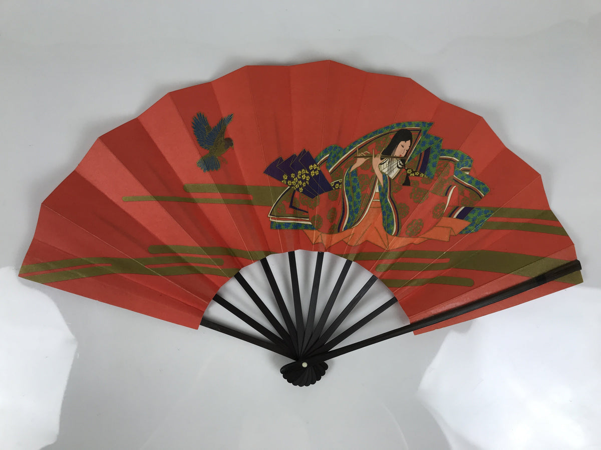 Japanese Paper Folding Fan Sensu Vtg Bamboo Frame Red Kimono Woman Flu ...