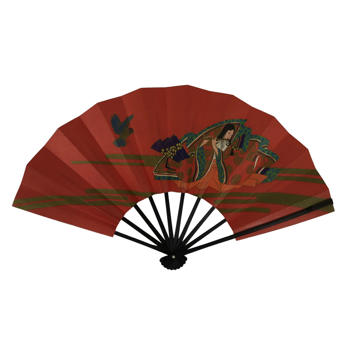 Japanese Paper Folding Fan Sensu Vtg Bamboo Frame Red Kimono Woman Flu ...