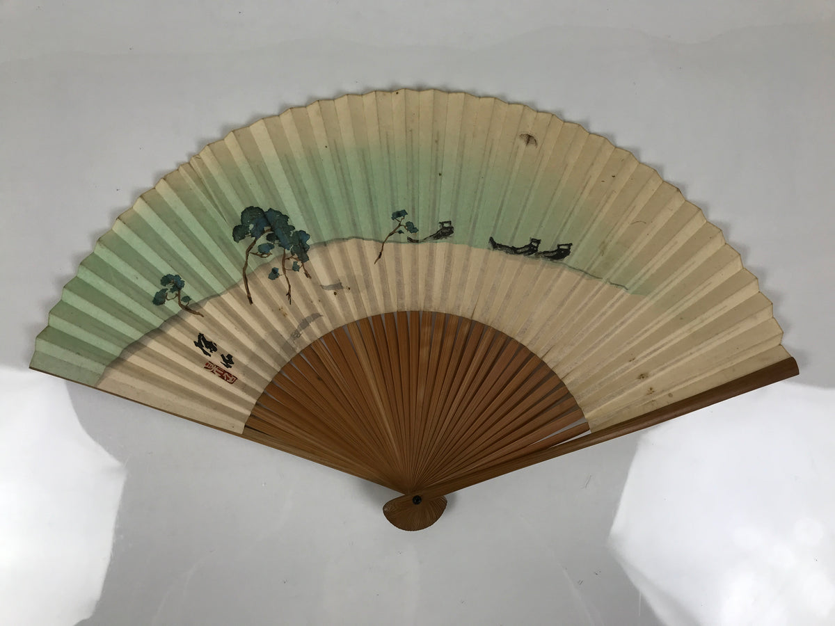 Japanese Paper Folding Fan Sensu Vtg Bamboo Frame Riverside Boats Gree ...