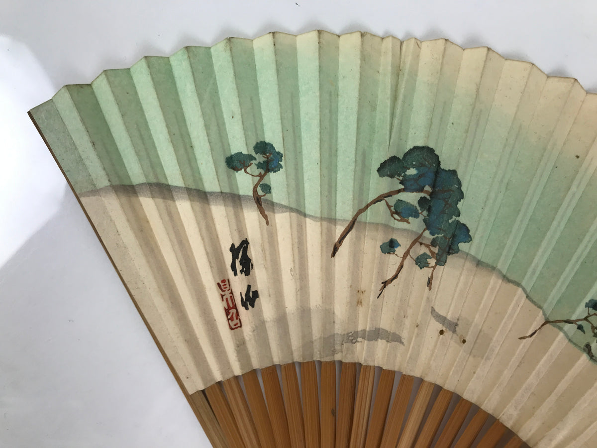 Japanese Paper Folding Fan Sensu Vtg Bamboo Frame Riverside Boats Gree ...