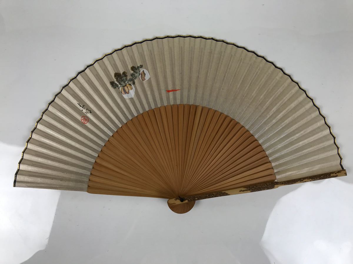 Japanese Paper Folding Fan Sensu Vtg Bamboo Frame Silver Turnips Peppe ...