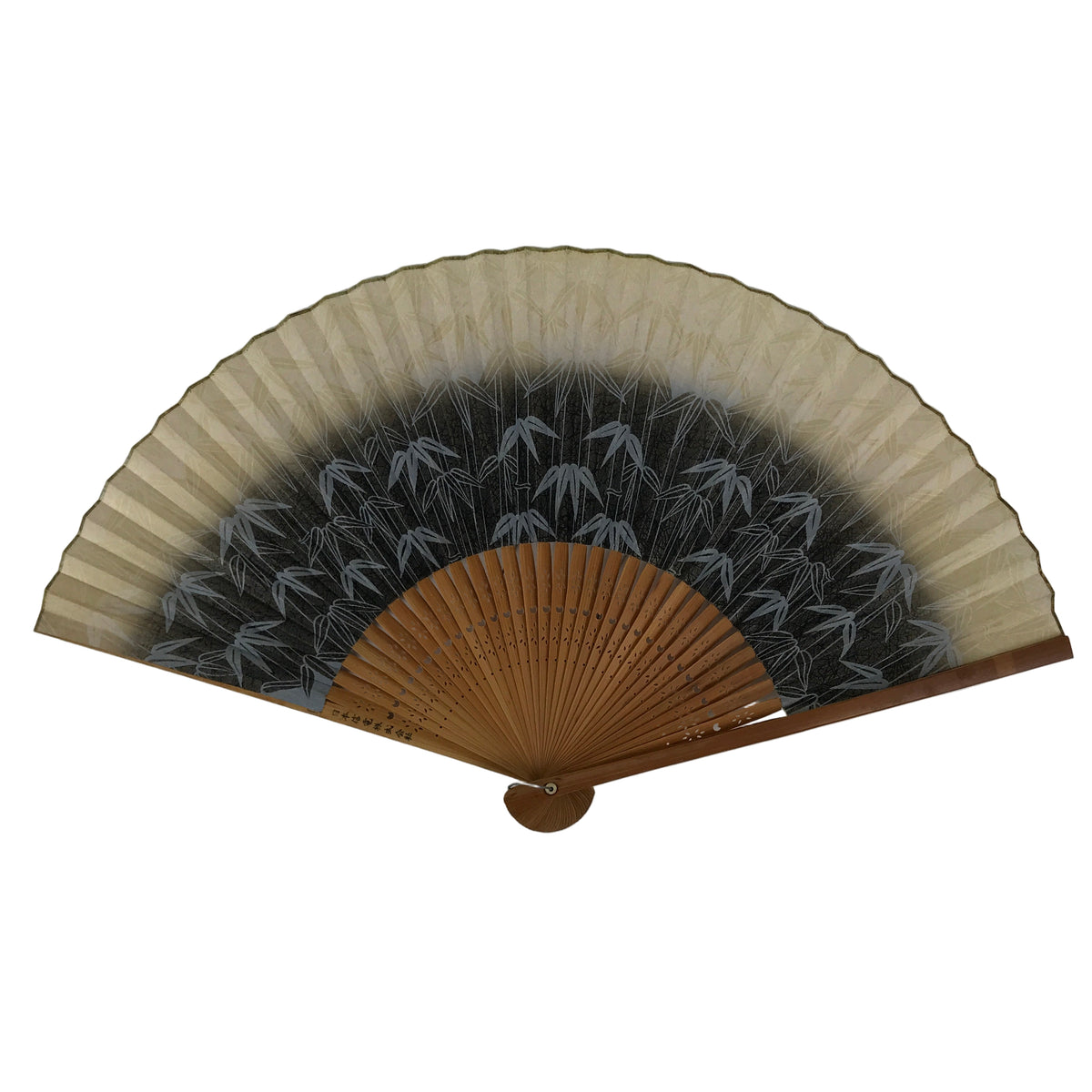 Japanese Paper Folding Fan Sensu Vtg Bamboo Frame Take Leaves Blue Bei ...