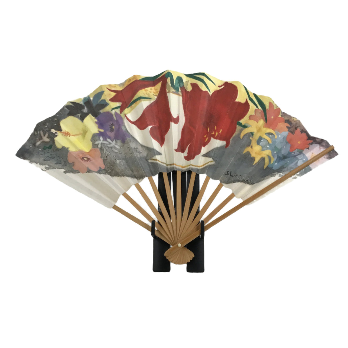 Japanese Paper Folding Fan Sensu Vtg Bamboo Frame Tropical Flowers Box ...