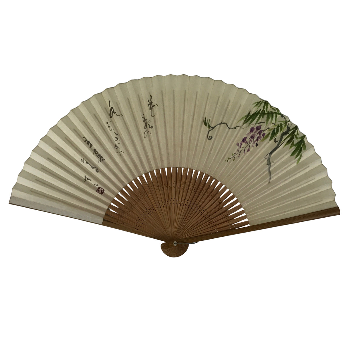 Japanese Paper Folding Fan Sensu Vtg Bamboo Frame Wisteria Flower Colo ...