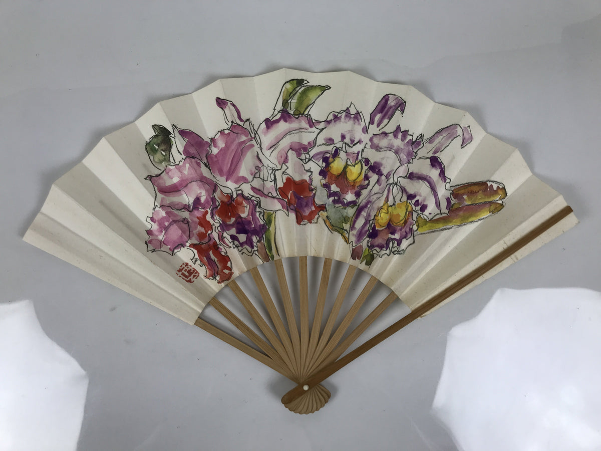 Japanese Paper Folding Fan Sensu Vtg Flowers Drawing Purple Bamboo Fra ...