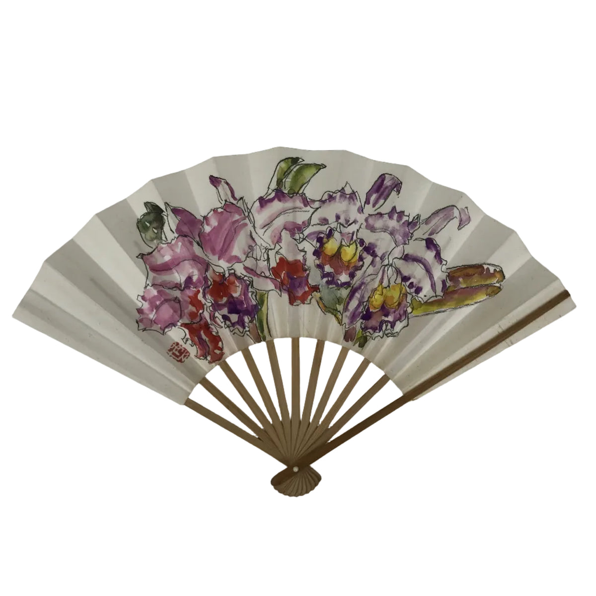 Japanese Paper Folding Fan Sensu Vtg Flowers Drawing Purple Bamboo Fra ...