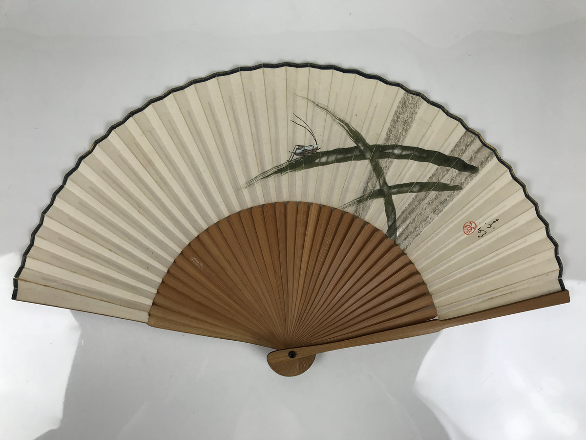 Japanese Paper Folding Fan Vtg Sensu Bamboo Frame Cricket Insect Leaf ...