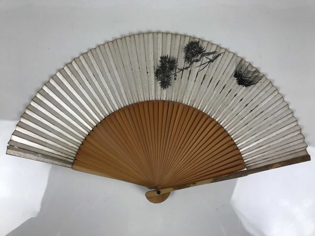 Japanese Paper Folding Fan Vtg Sensu Bamboo Frame Pine Tree Branch Sil ...