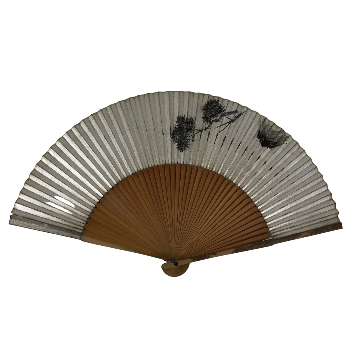 Japanese Paper Folding Fan Vtg Sensu Bamboo Frame Pine Tree Branch Sil ...